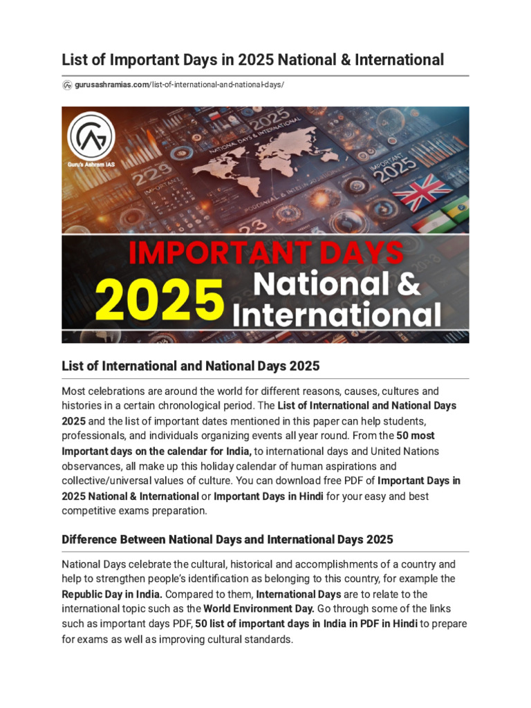 Important National & International Days 2025 | PDF