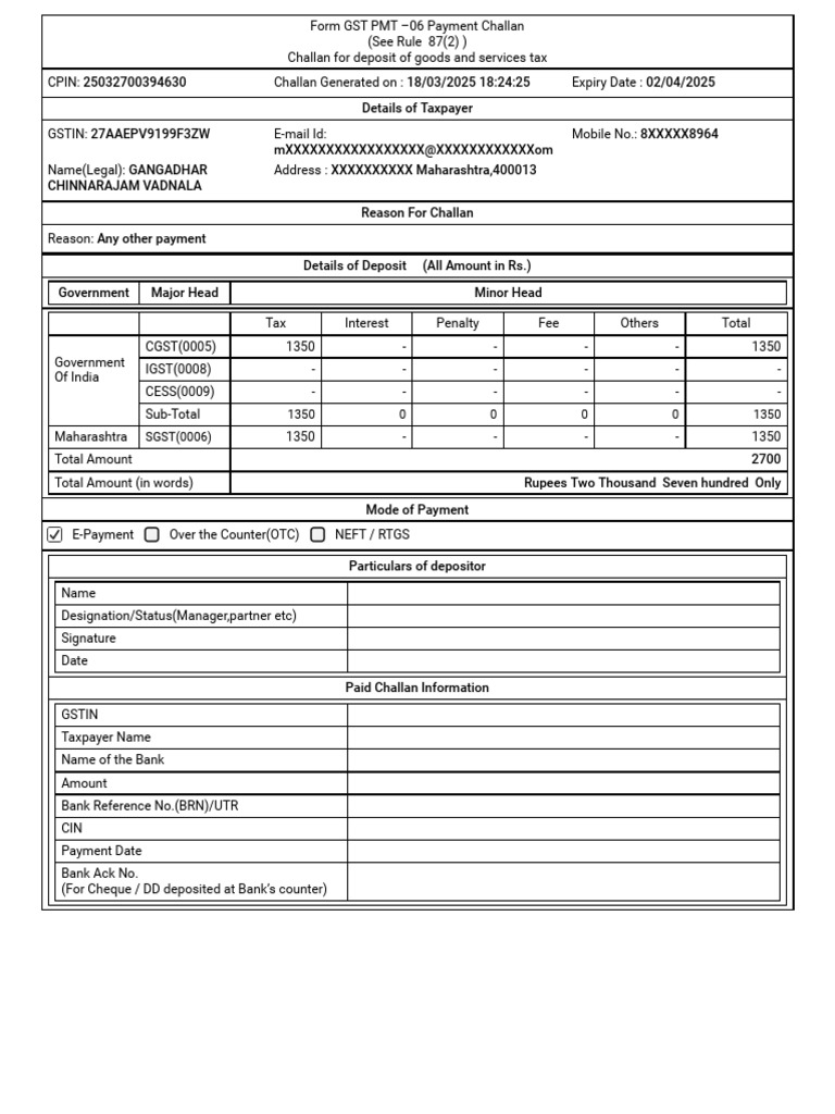 GST Challan | PDF | Government | Money