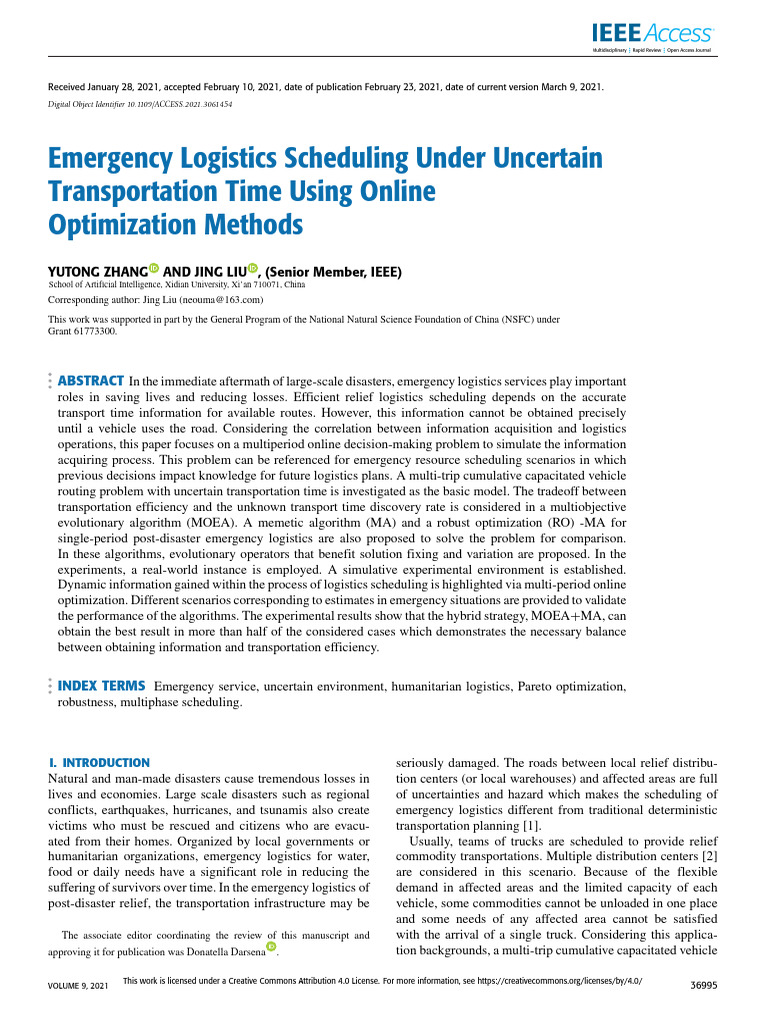Emergency Logistics Scheduling Under Uncertain Transportation Time ...