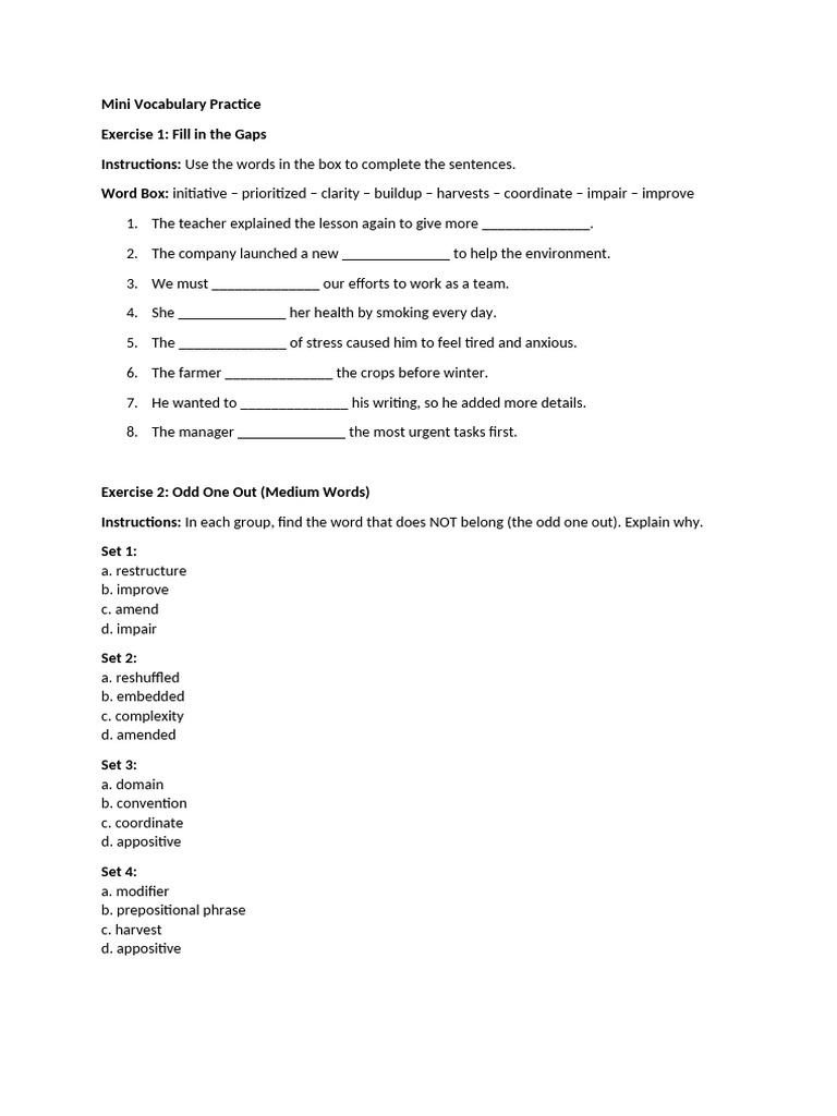 Mini Vocabulary Practice 0808 | PDF