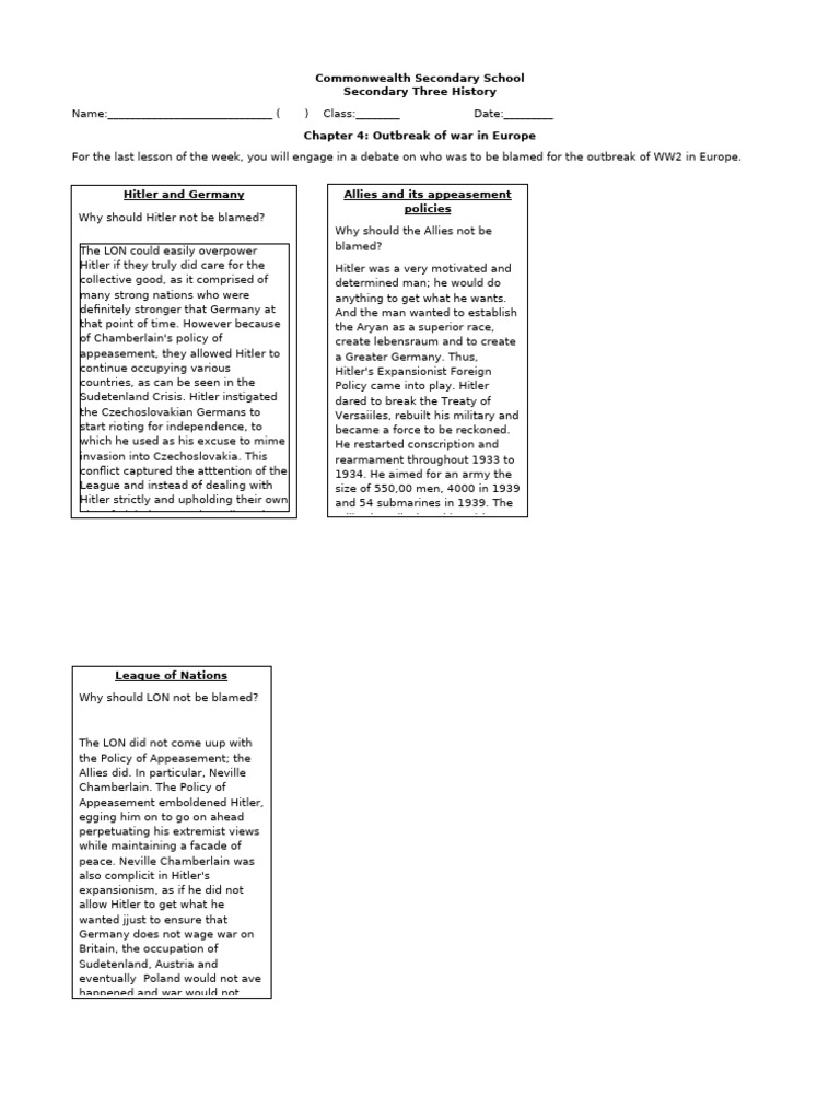 Chapter 4 Outbreak of WW2 Debate | PDF | Adolf Hitler | Neville Chamberlain
