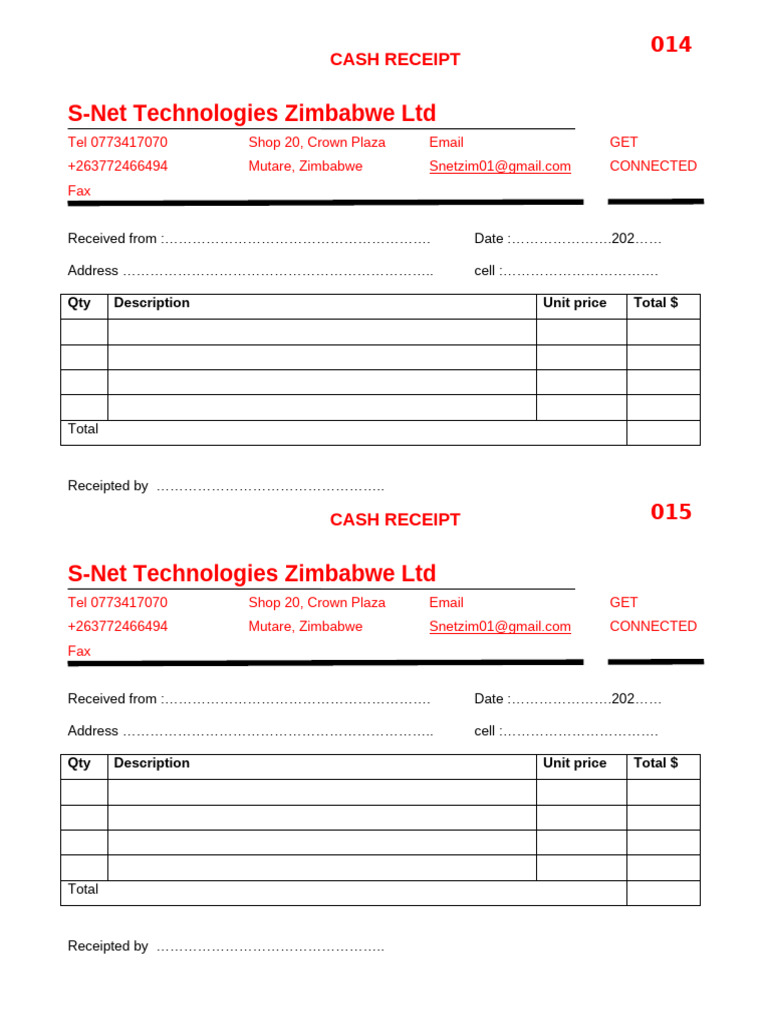 Cash Receipt Template for Zimbabwe | PDF