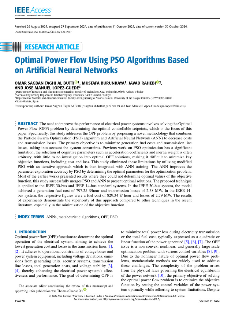 Optimal Power Flow Using PSO Algorithms Based On Artificial Neural Networks | PDF | Mathematical ...