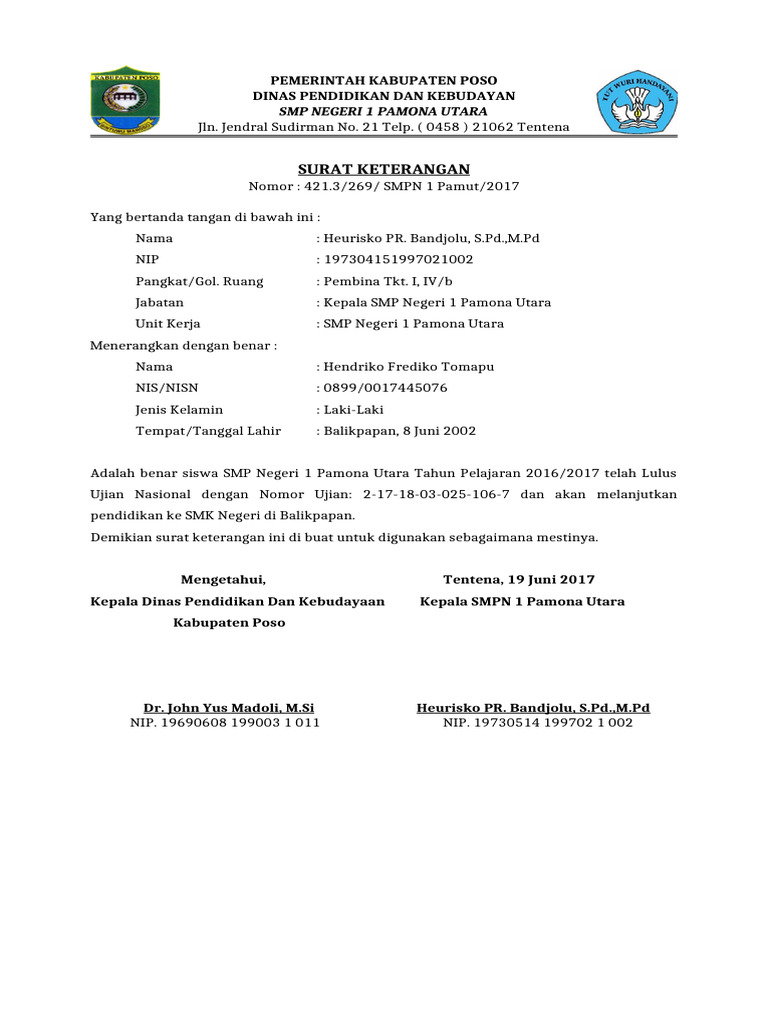 Surat Keterangan Lulus SMP Poso | PDF