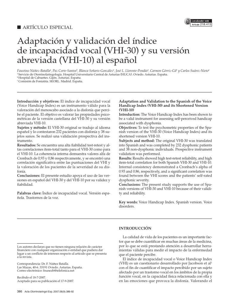 Validación del VHI-30 y VHI-10 en Español | PDF | Alfa de Cronbach ...