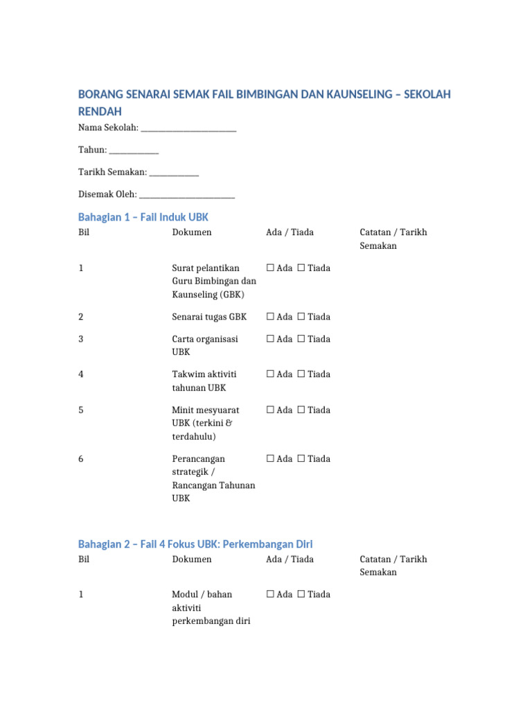 Senarai Semak Fail UBK Sekolah Rendah | PDF