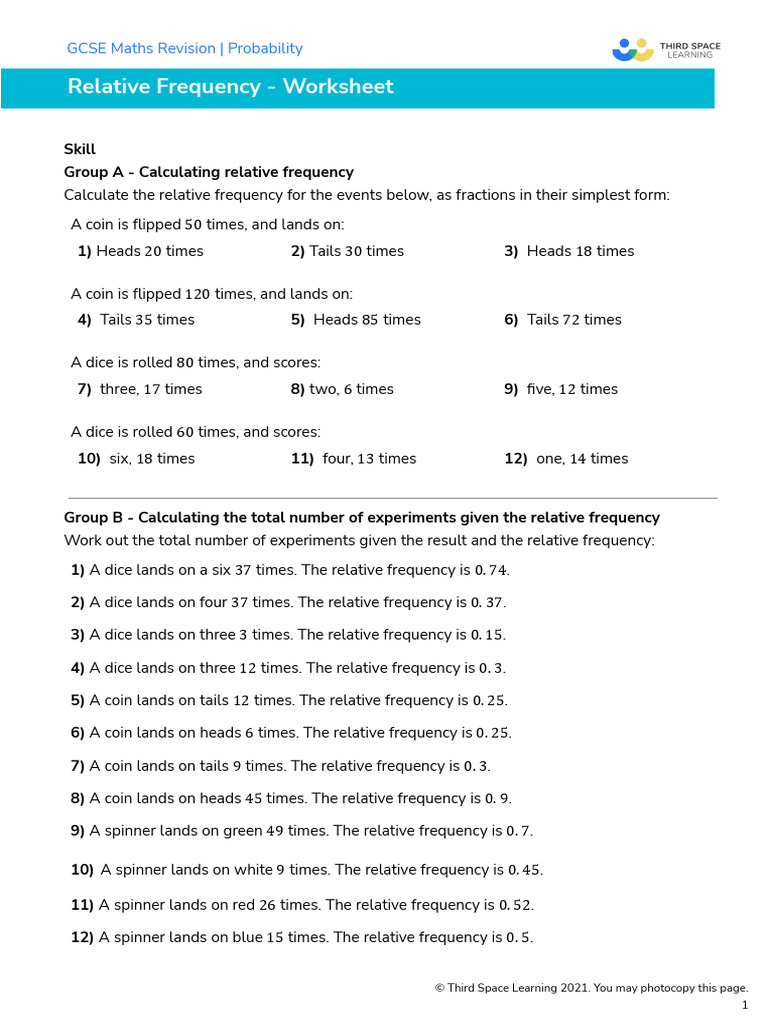 Relative Frequency Worksheet for GCSE Maths | PDF | Dice
