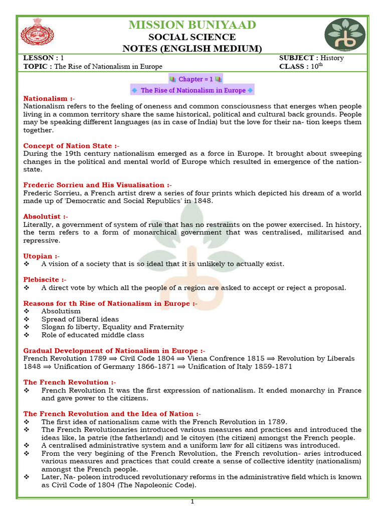 10th CH-1 (EM) (The Rise of Nationalism in Europe) History Notes | PDF ...