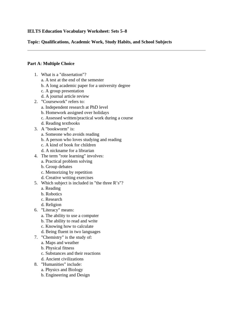 Education Vocabulary Worksheet - Sets 5-8 | PDF | Literacy | Vocabulary