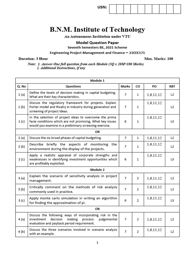 EPMF - BE - Model Question Paper Template - 2024-25 | PDF | Applied ...