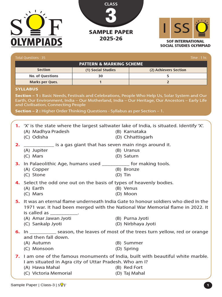 Isso Sample Paper Class-3 2025-26 | PDF | Solar System | Physical Sciences