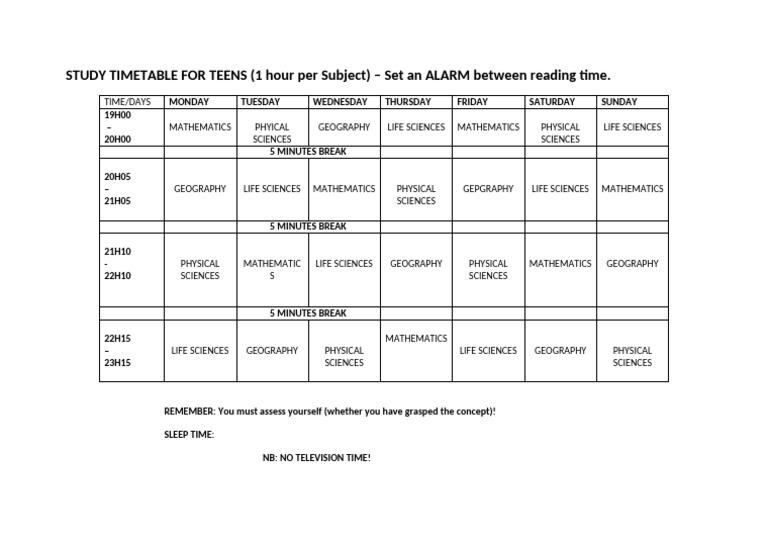 Study Timetable For Teens Grade 10 To 12 | PDF