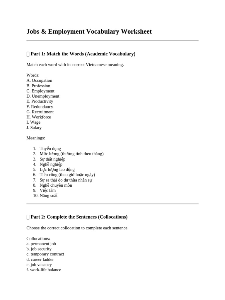 Vocab Worksheet - Job and Employment | PDF | Employment | Salary