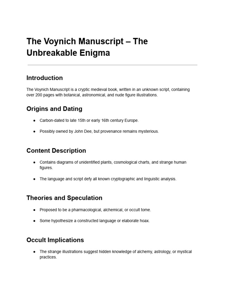 The Voynich Manuscript - The Unbreakable Enigma | PDF