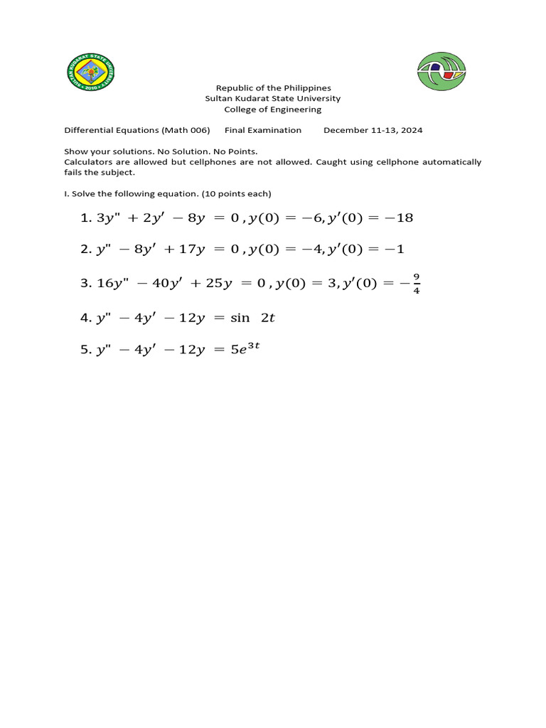 Differential Equations Final Exam 2024 | PDF