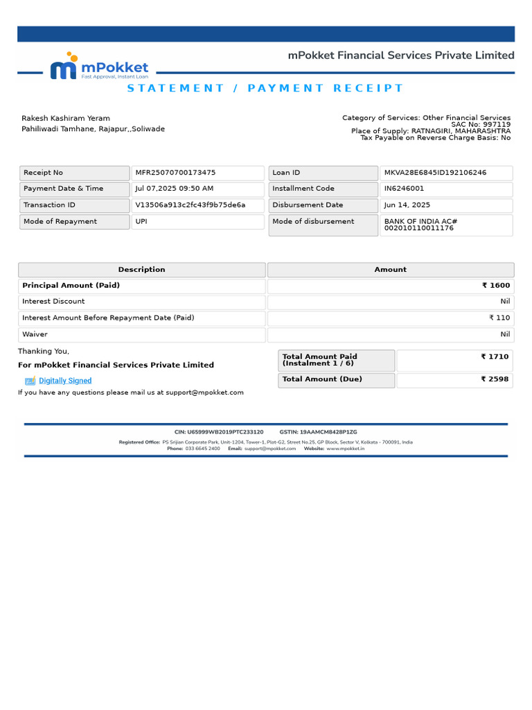 Payment Receipt for Loan Installment | PDF