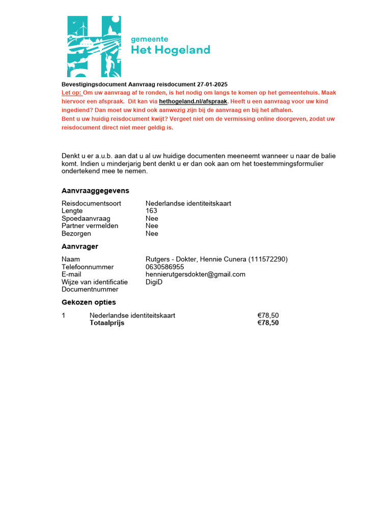 Bevestigingsdocument Aanvraag Reisdocument | PDF