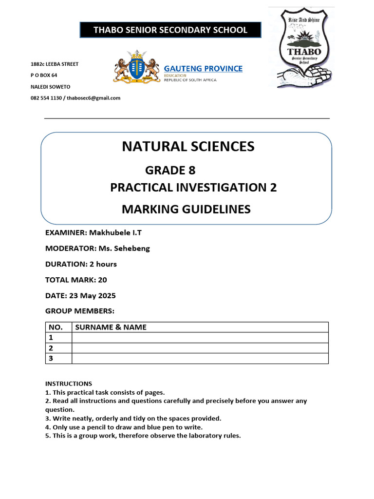 Ns Term 2 Prac - Marking Guideline | PDF