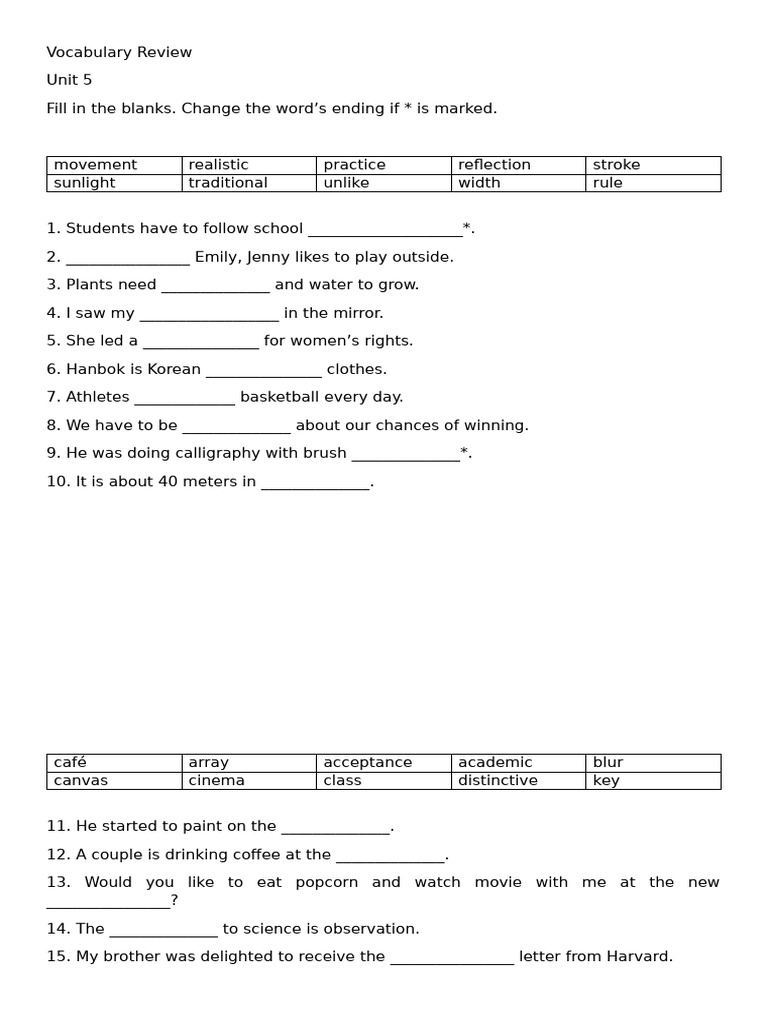 Unit 5 Vocabulary Review Exercise | PDF