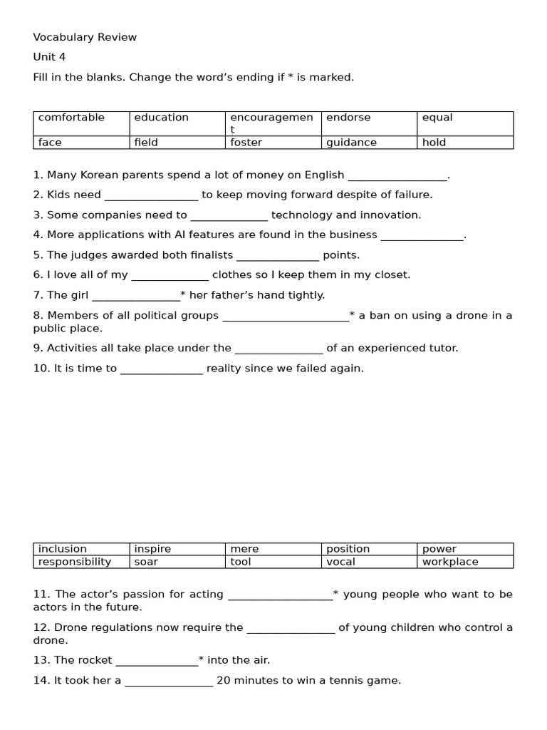 Vocabulary Review Unit 4 | PDF