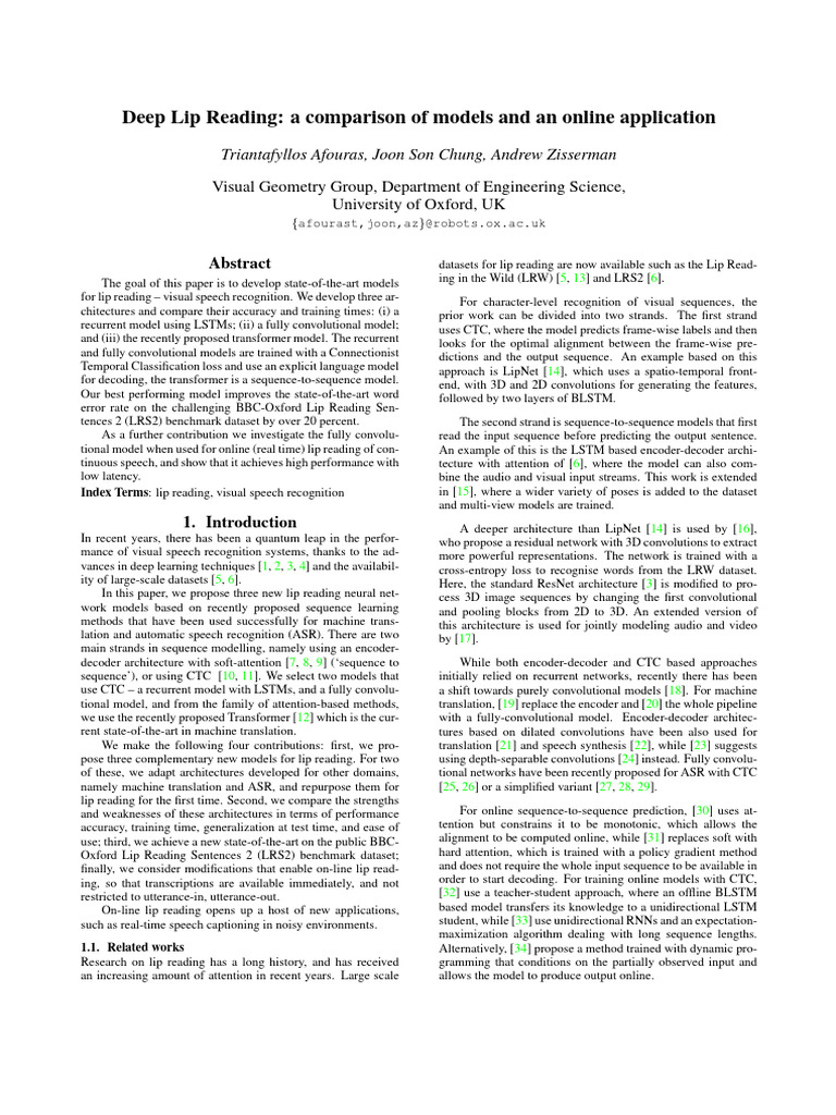Deep Lip Reading Models and LRS2 Benchmark | PDF | Speech Recognition ...