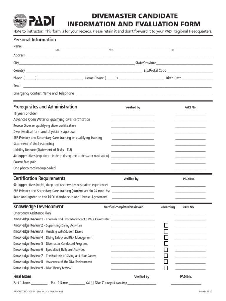 PADI Divemaster Candidate Evaluation Form | PDF | Underwater Diving ...