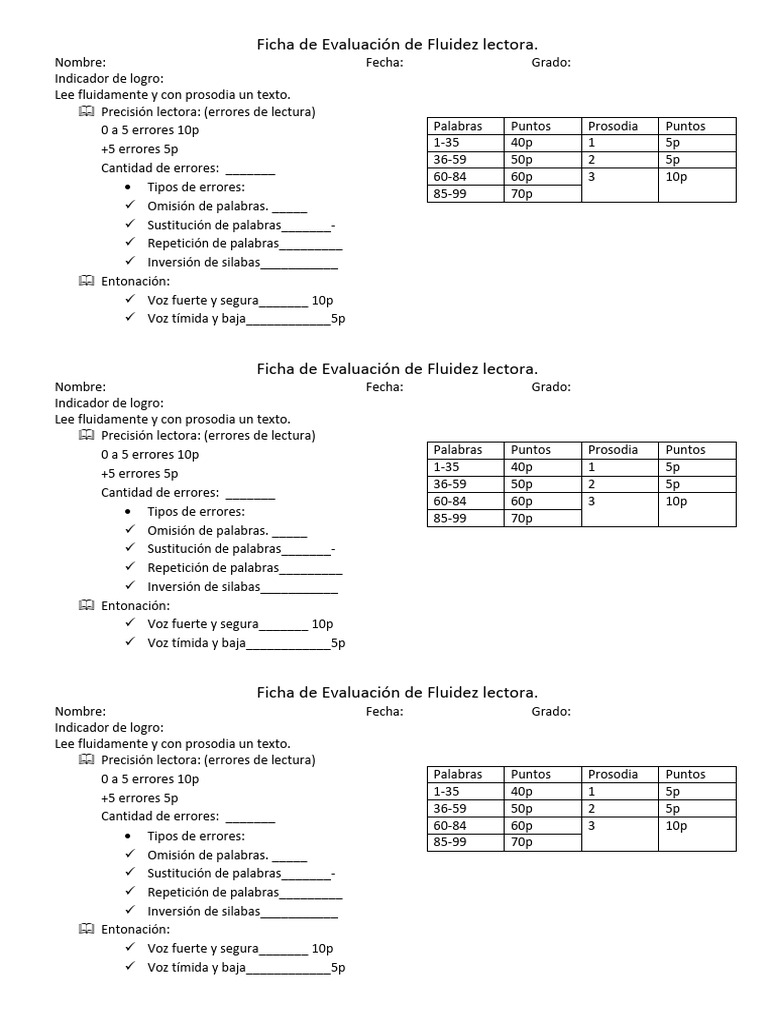 Ficha de Evaluación de Fluidez Lectora | PDF | Voz humana | Fonología