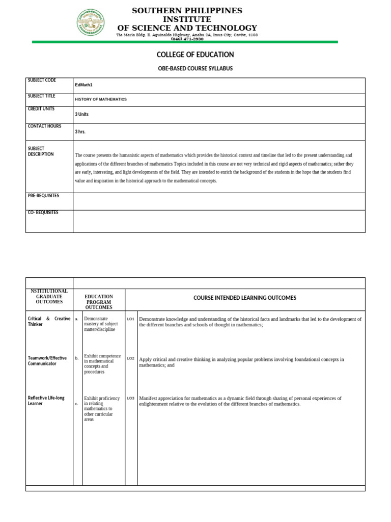 History of Mathematics Course Syllabus | PDF | Mathematics ...