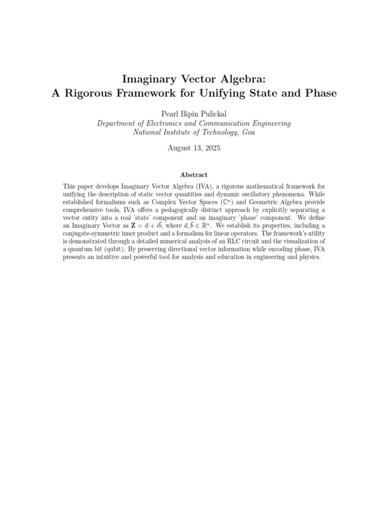 Imaginary Vector Algebra: A Rigorous Framework for Unifying State and Phase | PDF | Vector Space ...
