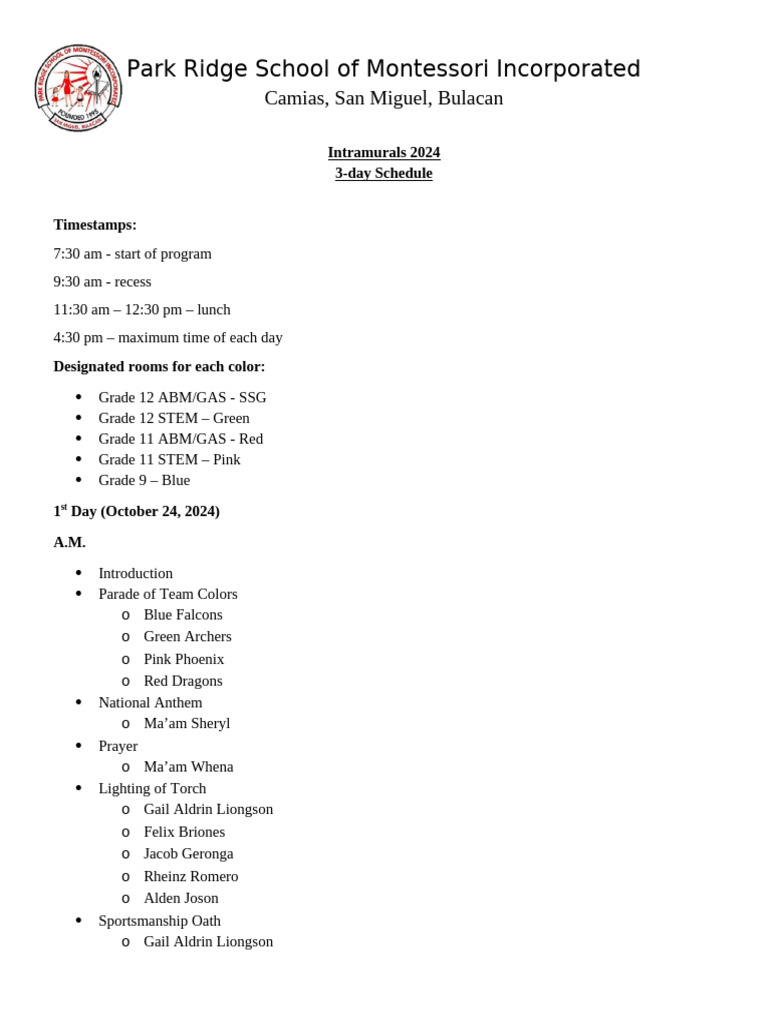 Park Ridge Montessori Intramurals 2024 Schedule | PDF | Sports | Ball Games