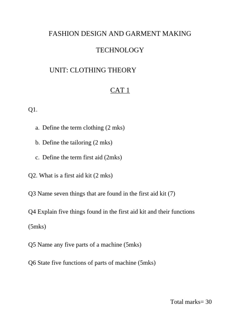 Garment Making Exam Questions | PDF