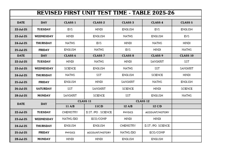Revised First Unit Test Time Table 2025-26 | PDF