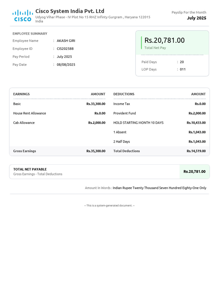 July 2025 Payslip for Akash Giri | PDF