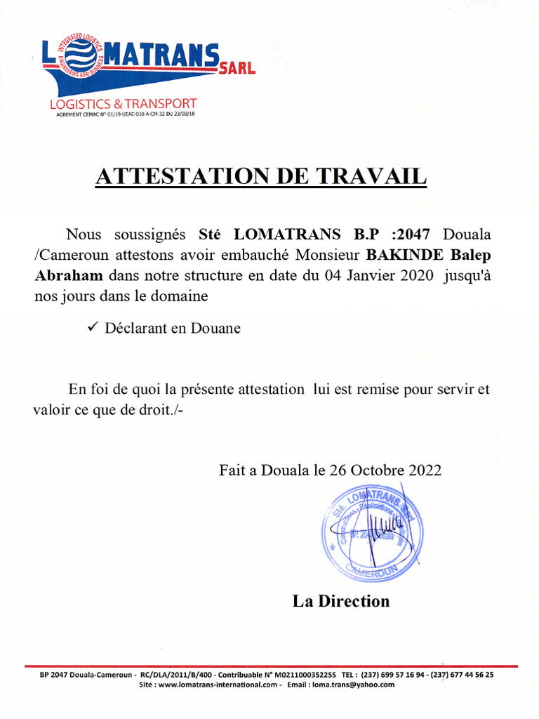 Attestation de service de LOMATRANS | PDF