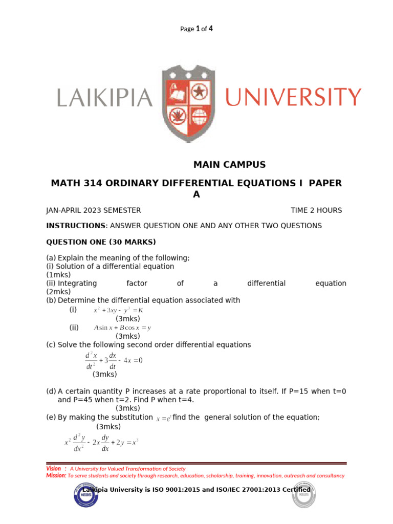 Math 314 Ordinary Differential Equations i Jan-April 2023 Semester ...