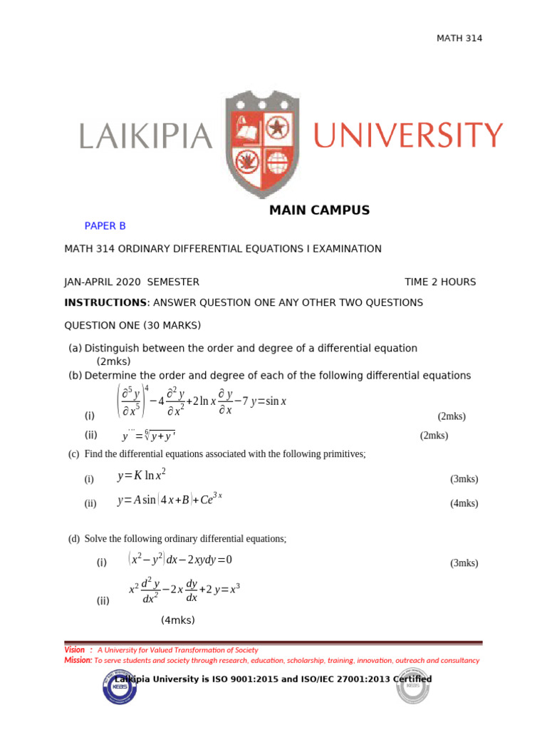 Math 314 Ordinary Differential Equations I Jan-April 2020 Semesetr ...