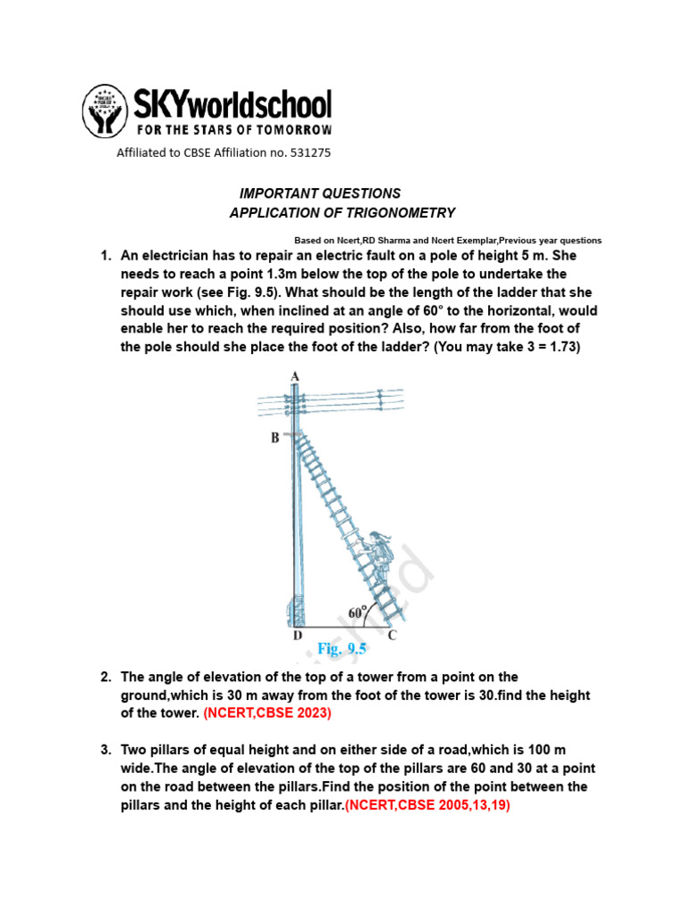 Class 10 Trigonometry Applications Worksheet | PDF | Angle