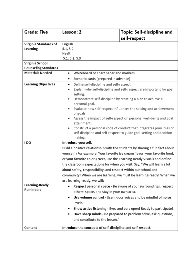 Fifth Grade 02LP Self Discipline and Self Respect | PDF | Disciplines ...