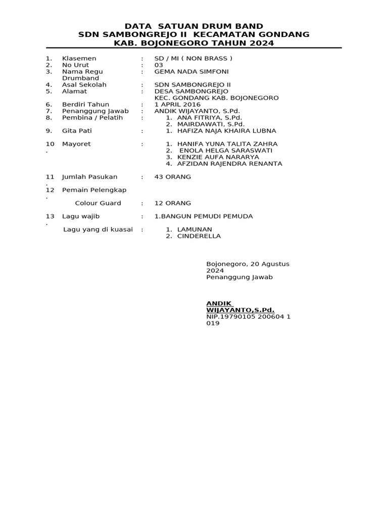 Data Satuan Drum Band Agustus 2024 | PDF