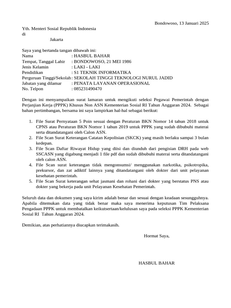 Surat Lamaran PPPK Kementerian Sosial | PDF