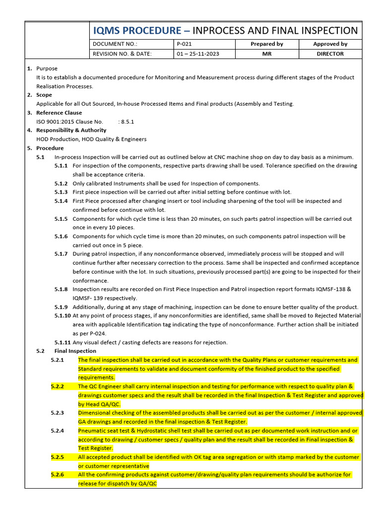 QSP In-Process and Final Inspection Procedure | PDF | Quality Assurance ...