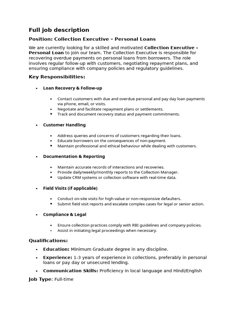 Collection Executive Job Overview | PDF