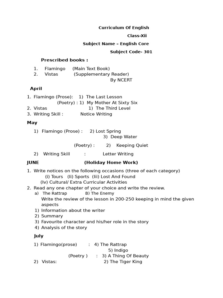 Class 12 English Core Curriculum Guide | PDF