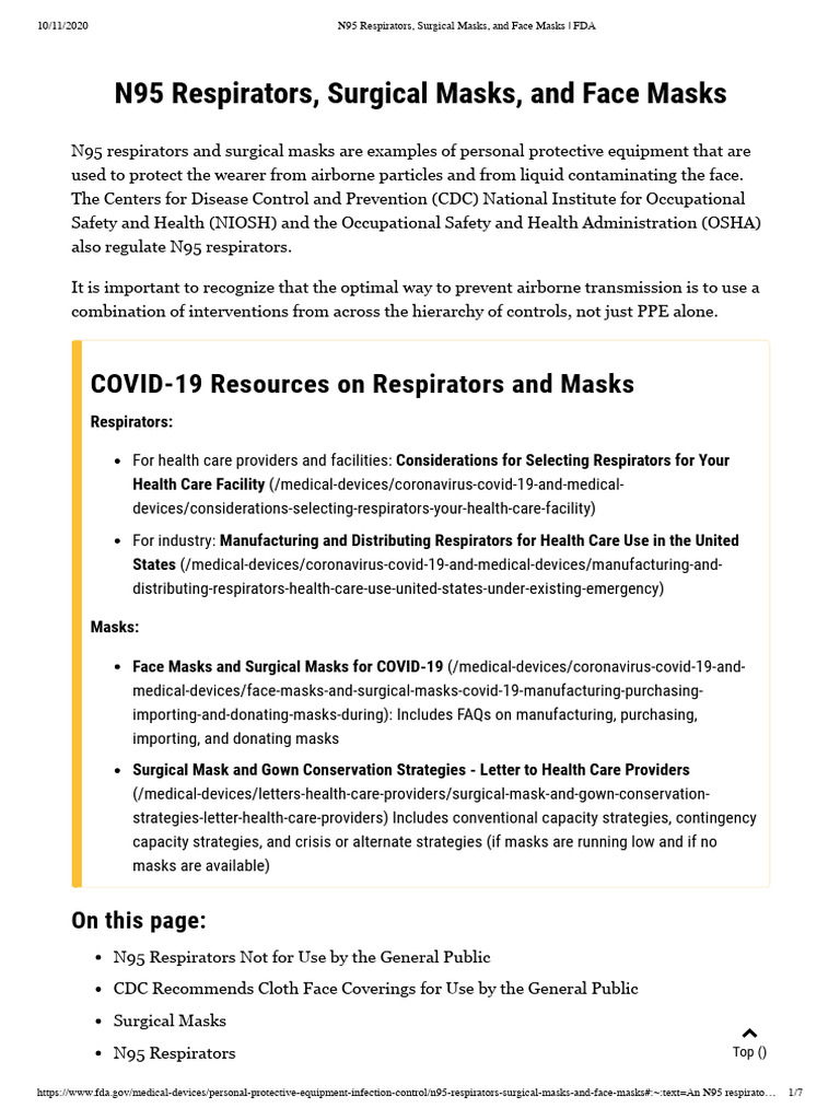 N95 Respirators, Surgical Masks, And Face Masks _ FDA | PDF | Personal ...