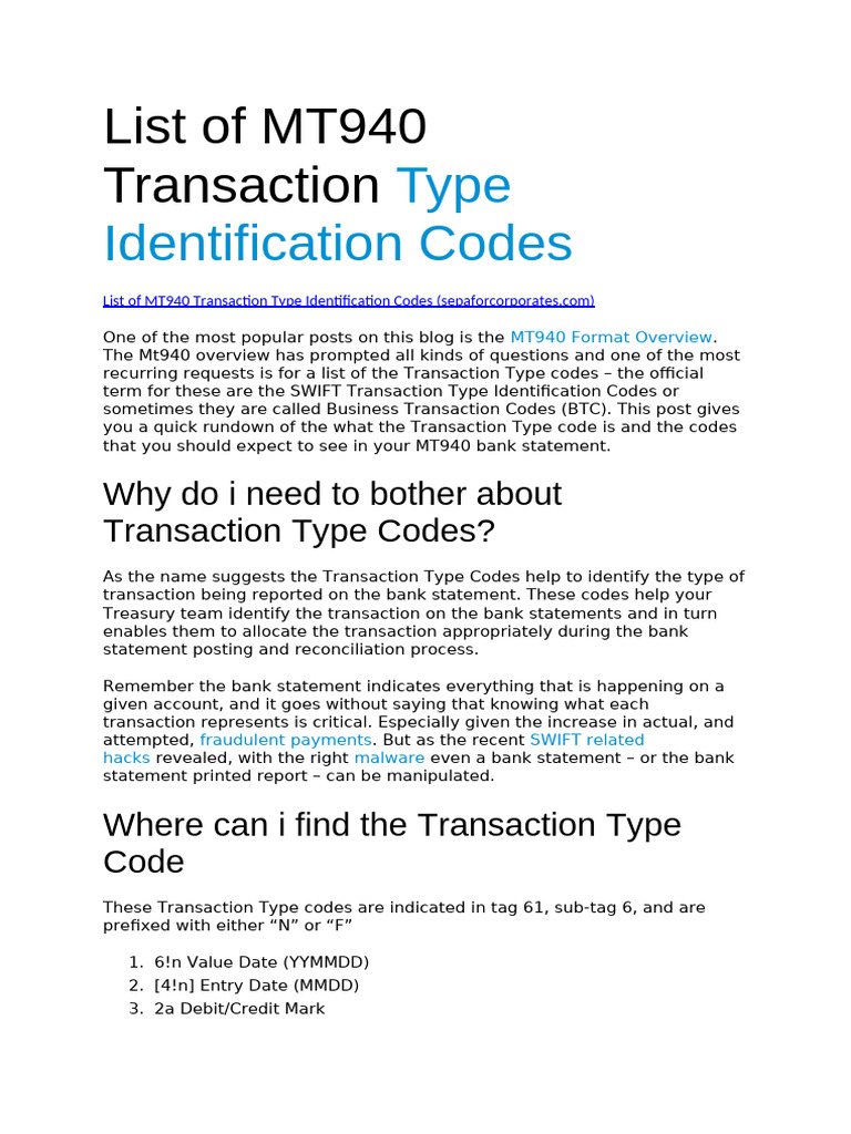 MT940 Transaction Type Codes Guide | PDF | Securities (Finance) | Banks
