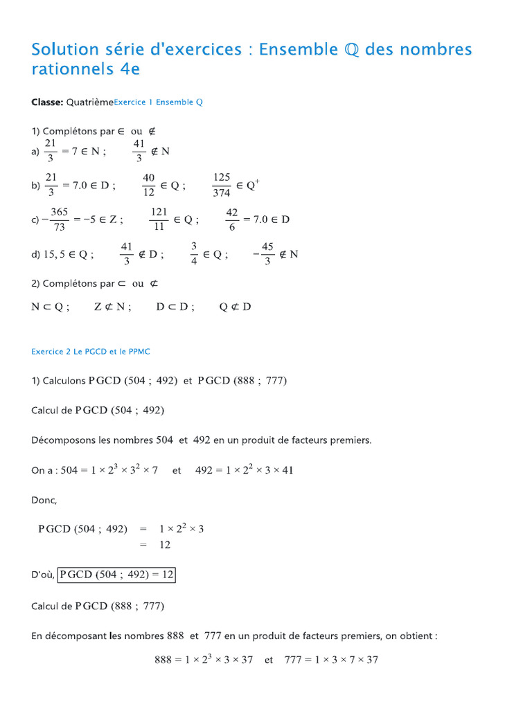 Solution Série D_exercices _ Ensemble Q Des Nombres Rationnels 4e | PDF