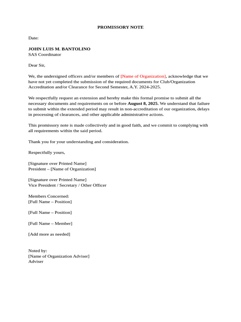Promissory Note Club Org Req | PDF