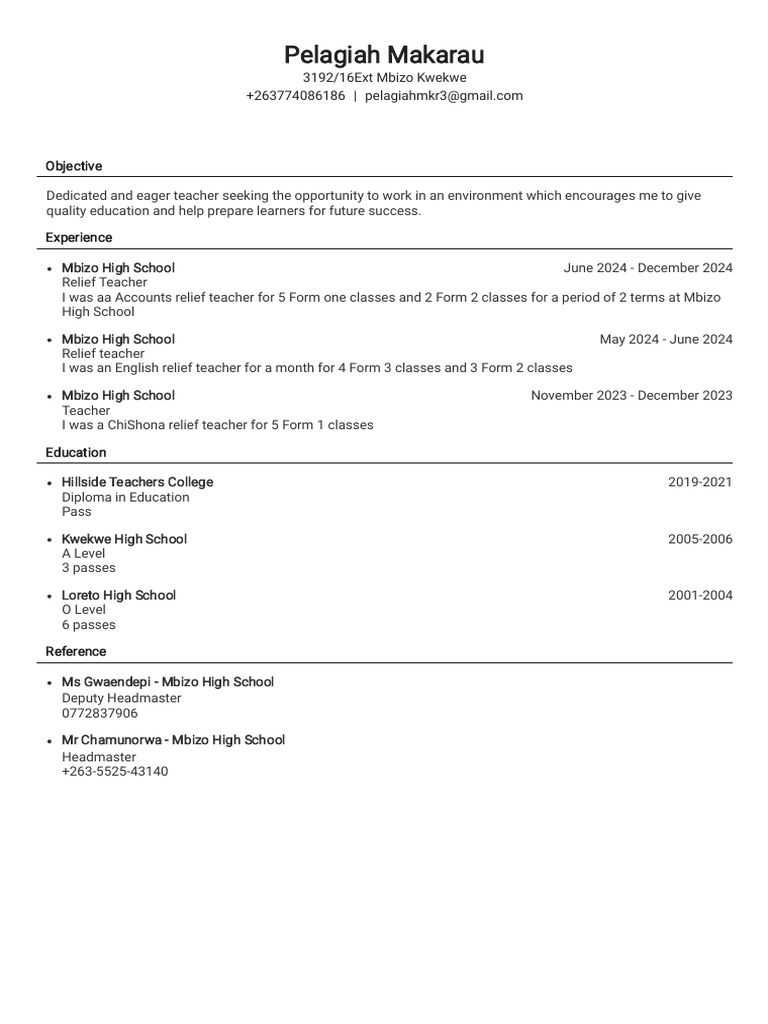 Teacher Resume for Pelagiah Makarau | PDF