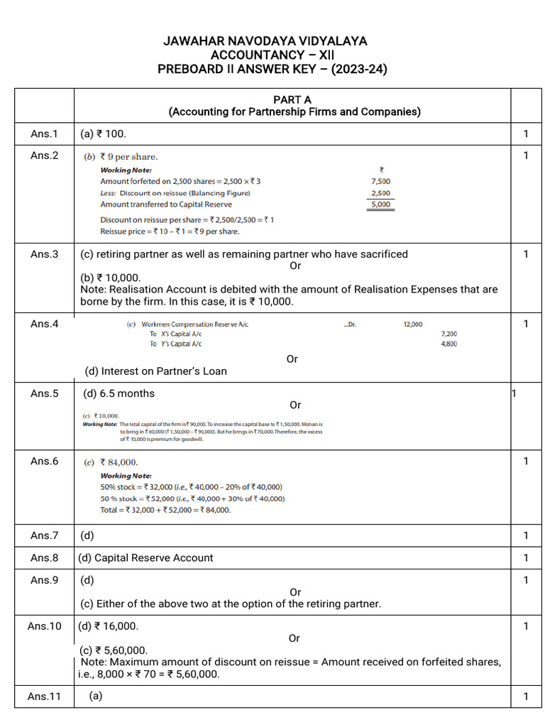 Accountancy Pre Board II Answer Key 2023-24 | PDF | Equity (Finance ...