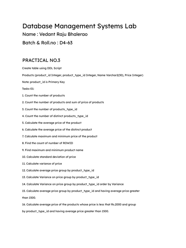 DBMS Lab Practical.no.3 | PDF | Variance | Data Management